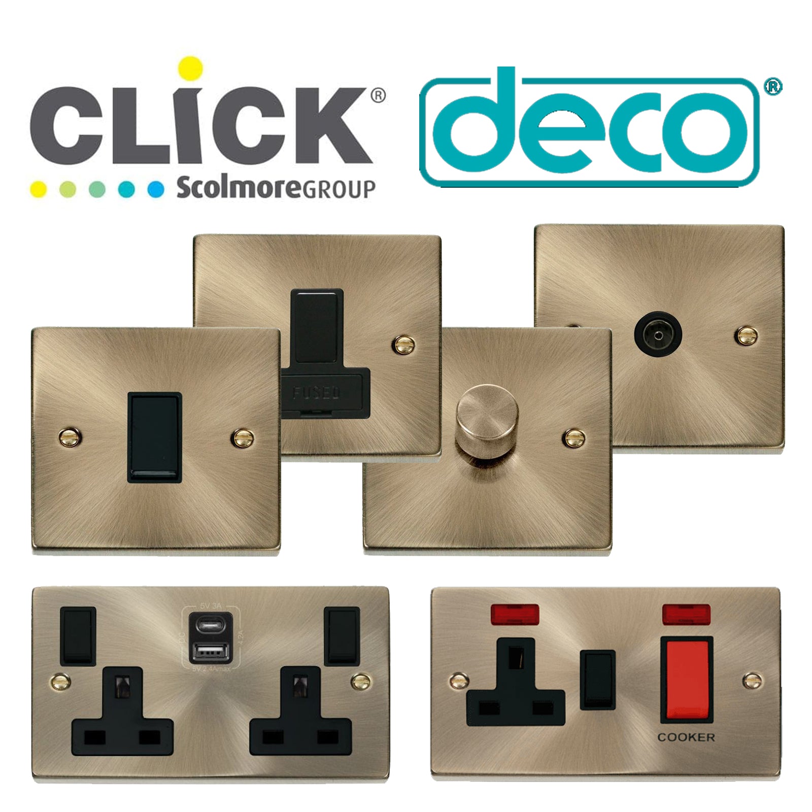 Click Deco Antique Brass Wiring Accessories Switches Sockets USB Black ...